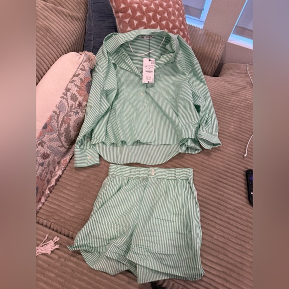 Zara | Tops | Zara Green And White Striped Shorts Button Up Set | Poshmark